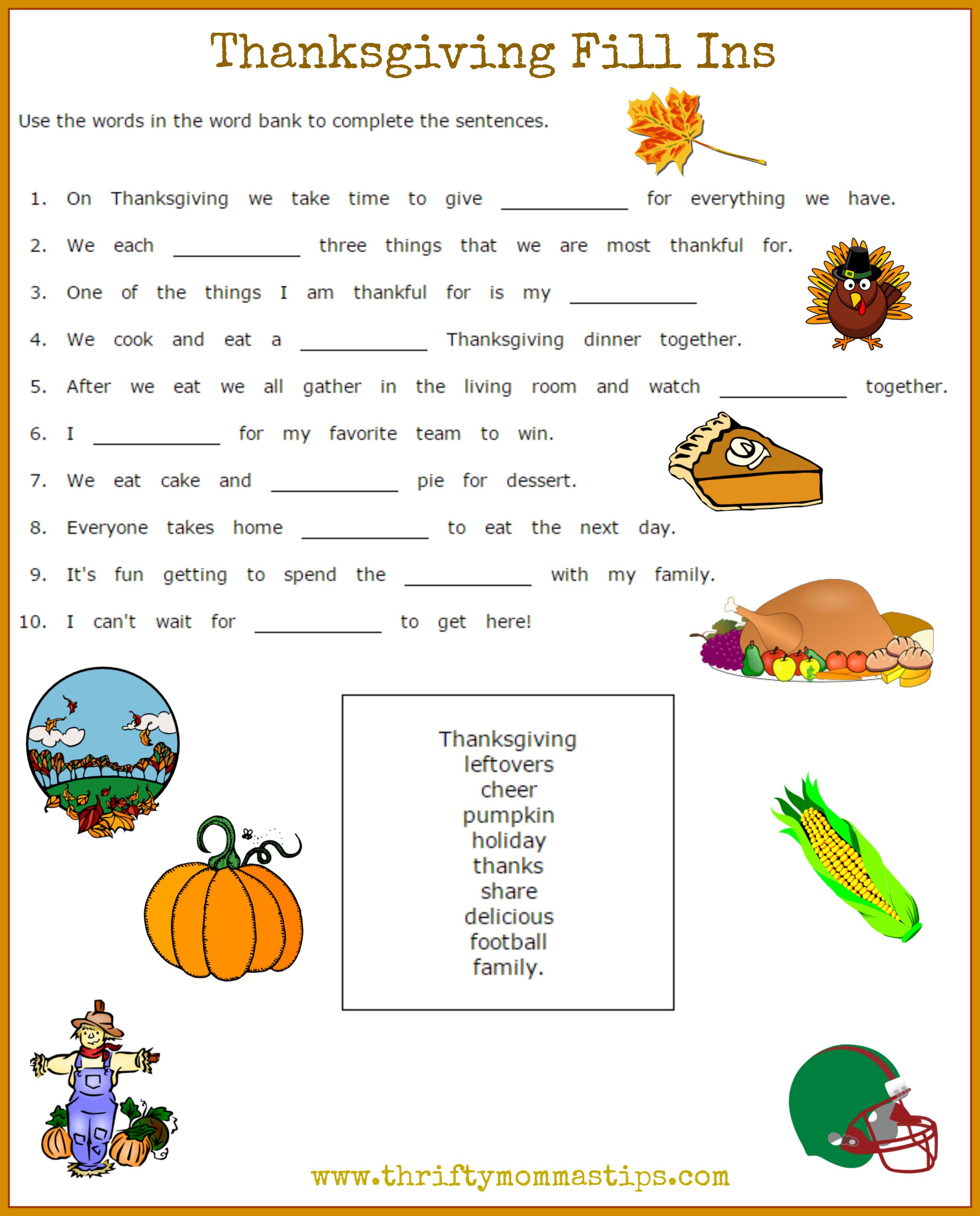 Thanksgiving Printables Fill In Vocabulary Sheet For Children Thanksgiving Printables Fill In Vocabulary Sheet For Children